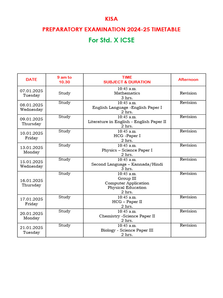 KISA ICSE - STD.X - Preparatory 2024-25 | PDF
