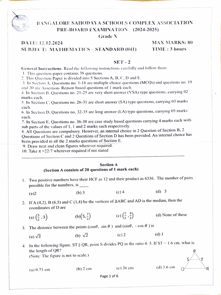 Maths Standard Set 2 Sahodaya | PDF | Circle | Area