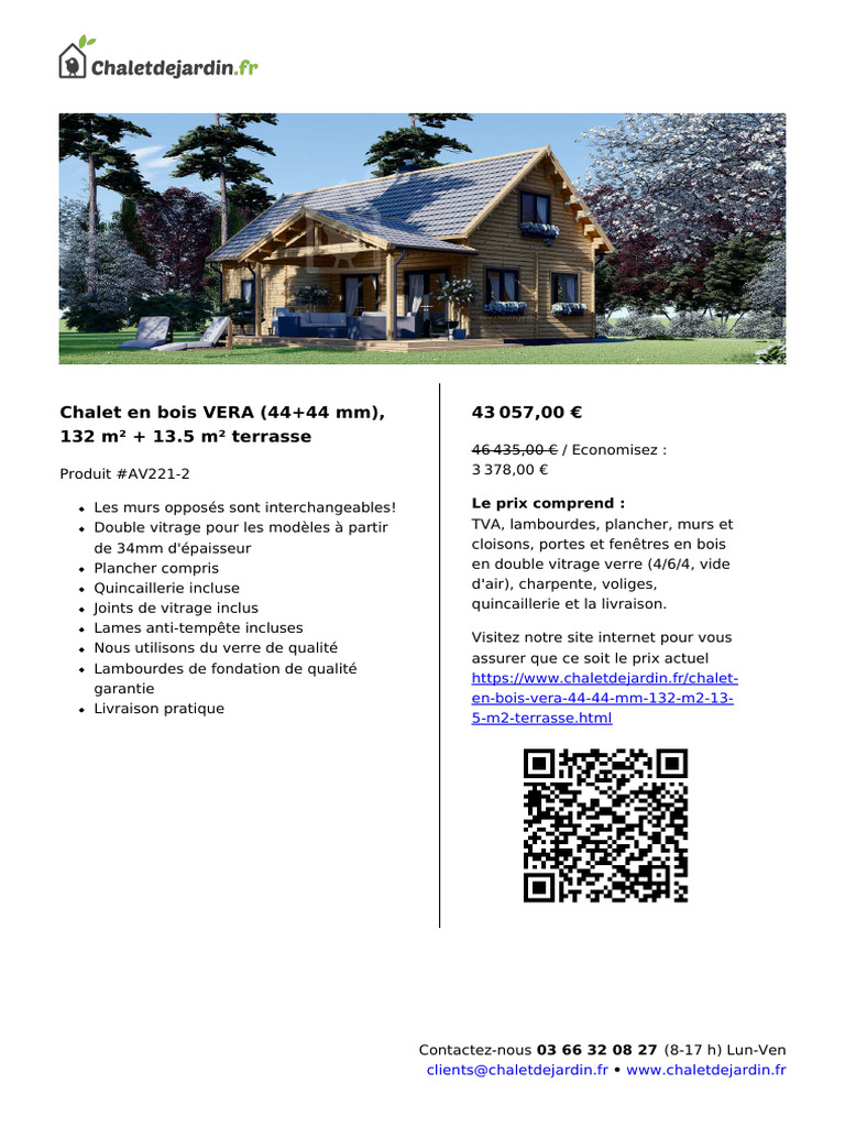 Chalet en Bois VERA 44 44 MM 132 m2 13 5 m2 Terrasse | PDF | Toit | Éléments architecturaux