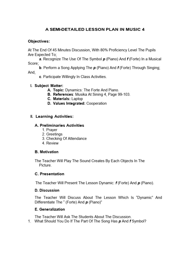 Semi-Detailed Lesson Plan in Music | PDF