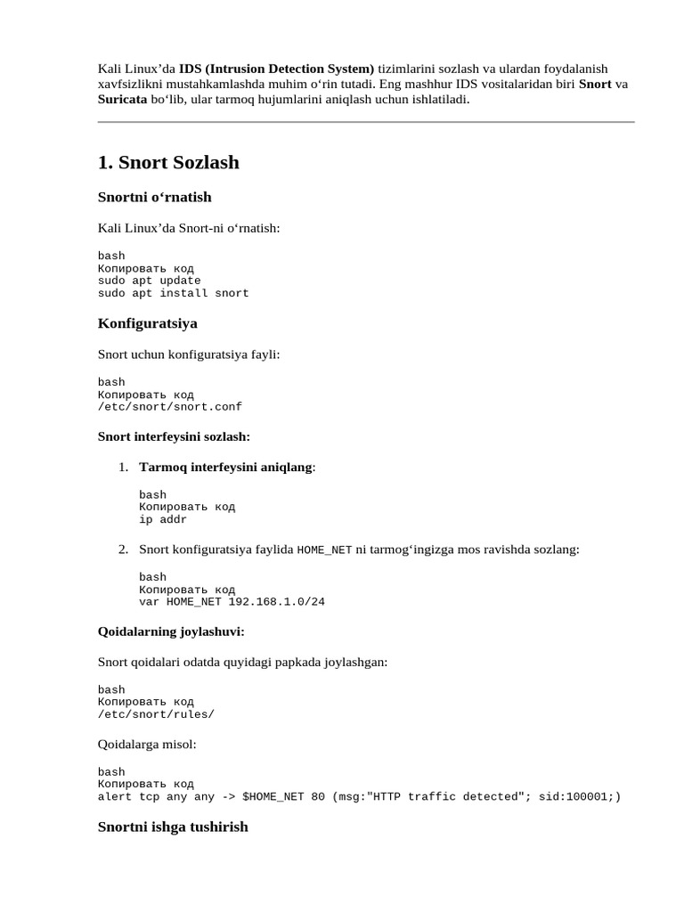 IDS (Snort, Suricata) sozlash va ulardan foydalanish | PDF