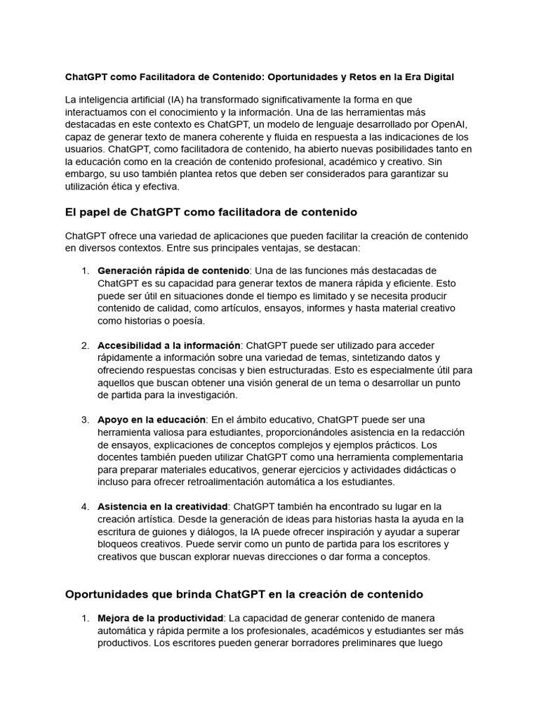 Ensayo en Chat GPT Como Facilitador de Contenido | PDF | Inteligencia artificial | Inteligencia ...