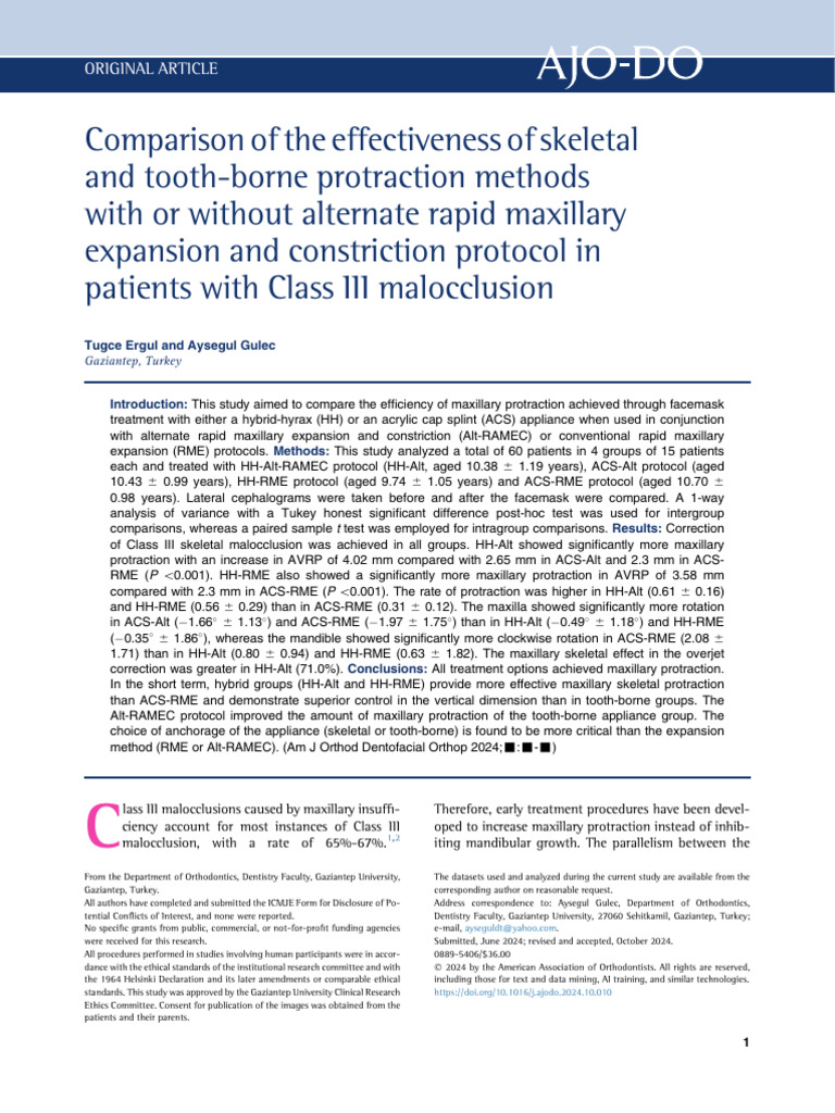Comparison of The Effectiveness of Skeletal and Tooth-Borne Protraction ...