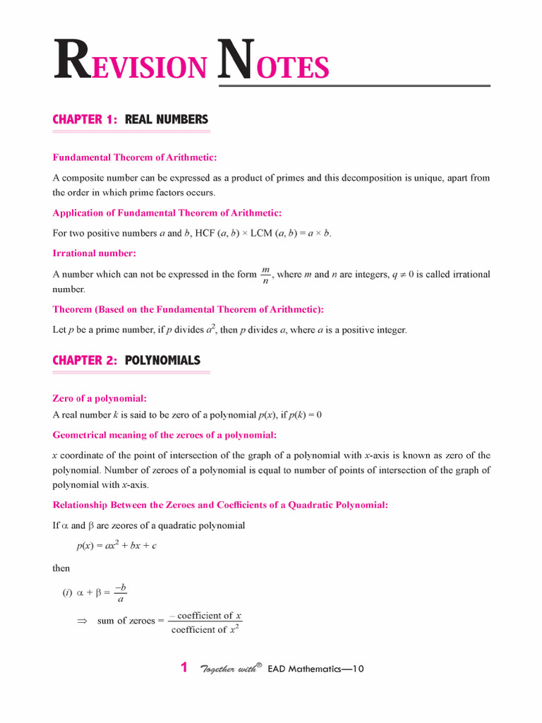 Cbse cl10 Ead Mathematics Revision Notes | PDF