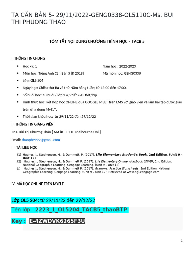 THE COURSE OUTLINE FOR TACB 5 -HOC KY 1 22-23 | PDF