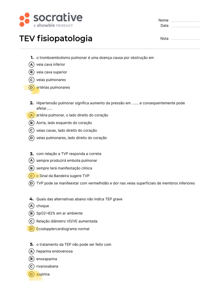 Quiz - TEV Fisiopatologia | PDF