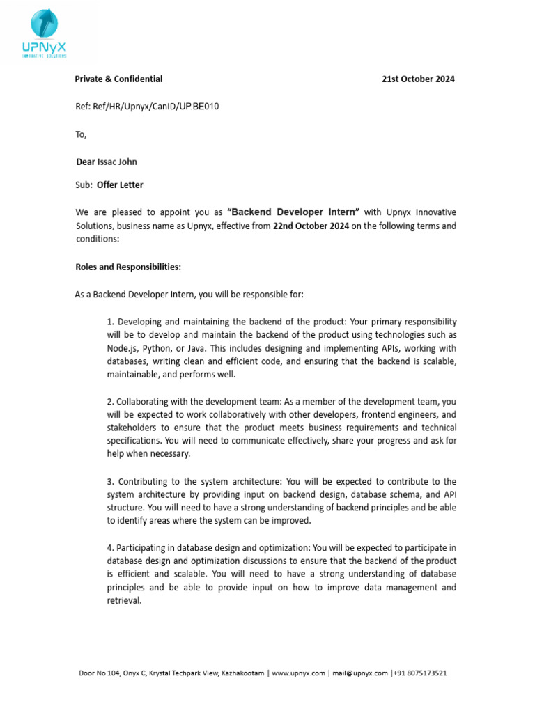 Backend Offer Letter | PDF | Databases | Internship