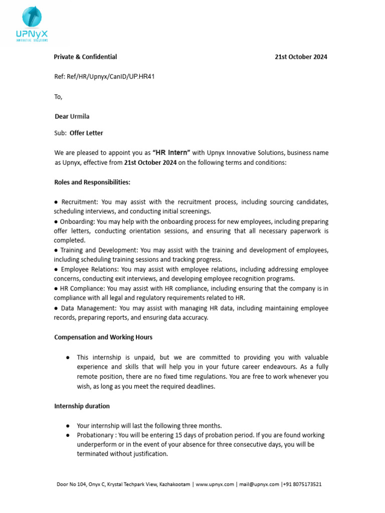 HR Intern Offer at Upnyx | PDF | Confidentiality | Justice