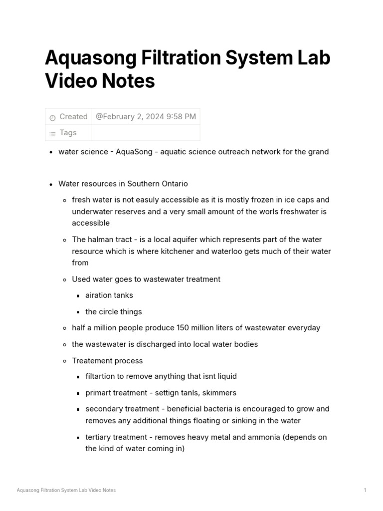Aquasong Filtration System Lab Video Notes | PDF | Sewage Treatment | Water
