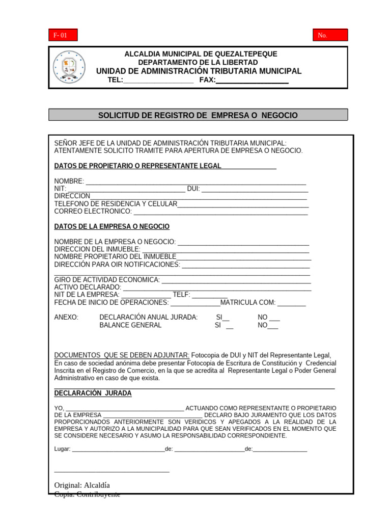 Formulario F01 - REGISTRO DE EMPRESA O NEGOCIO | PDF