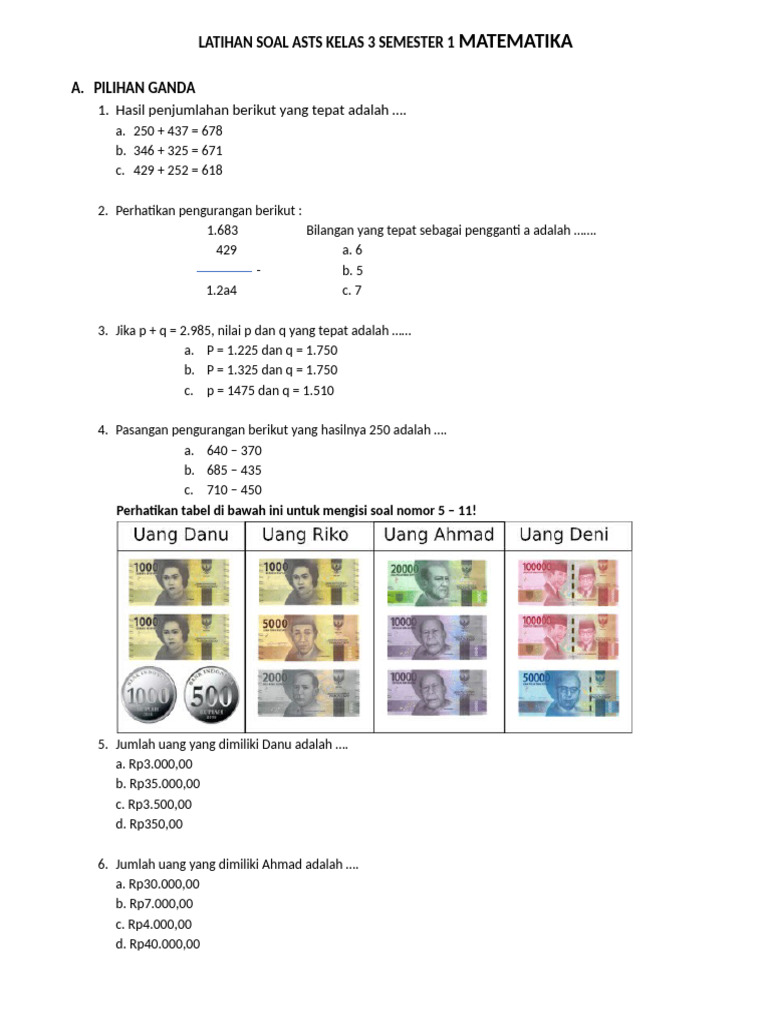 Latihan Soal Asts Kelas 3 Semester 1 Matematika | PDF