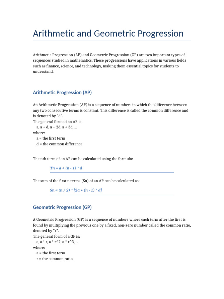 Arithmetic and Geometric Progression ICSE Class 10 | PDF