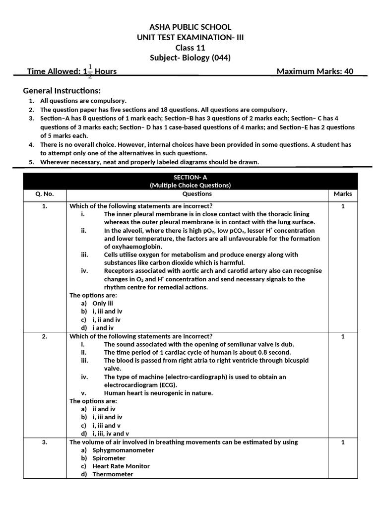 Class 11 Biology Unit Test Paper | PDF | Blood Type | Anatomy