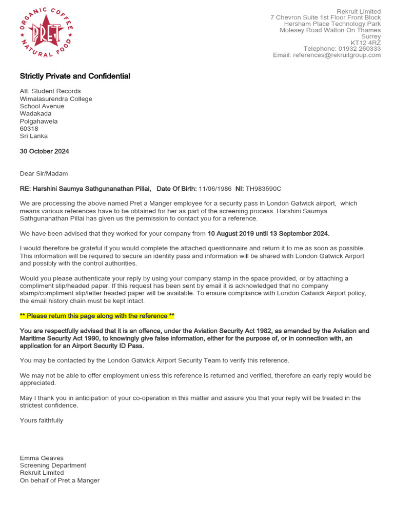 Harshini Sathgunanathan Pillai - Employment | PDF