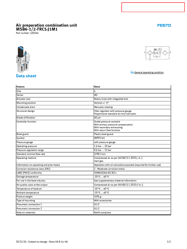 Festo MSB6-1/2-FRC5 Air Preparation Unit | PDF | Pressure | Pressure ...