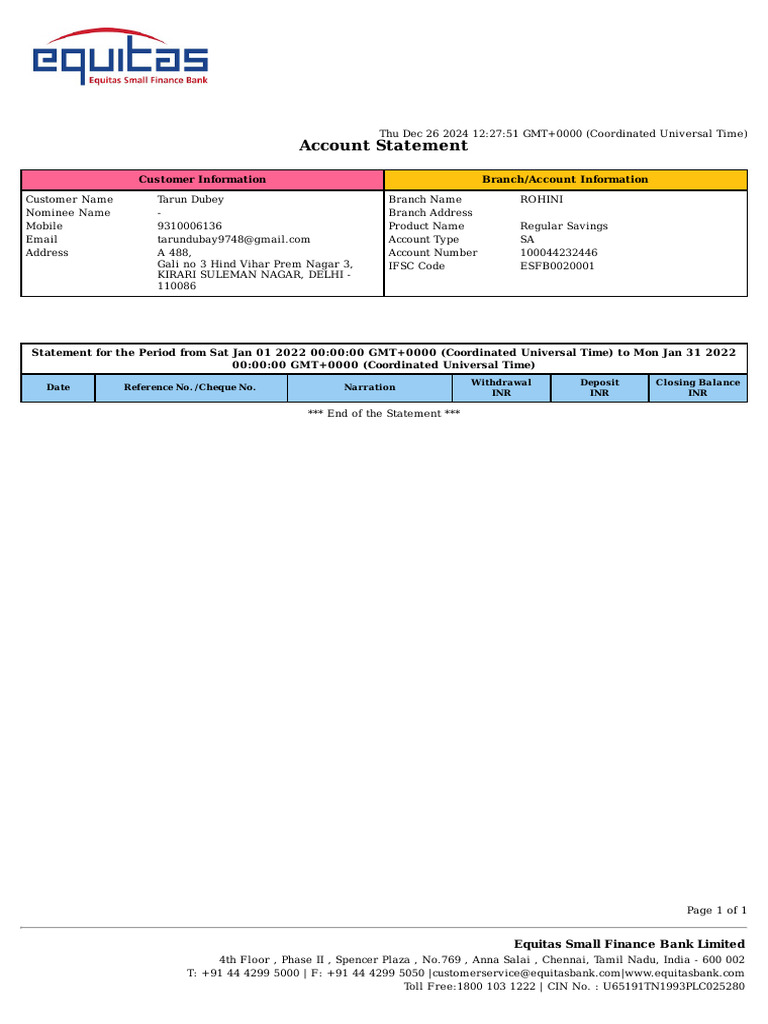 Tarun Dubey's Account Statement | PDF