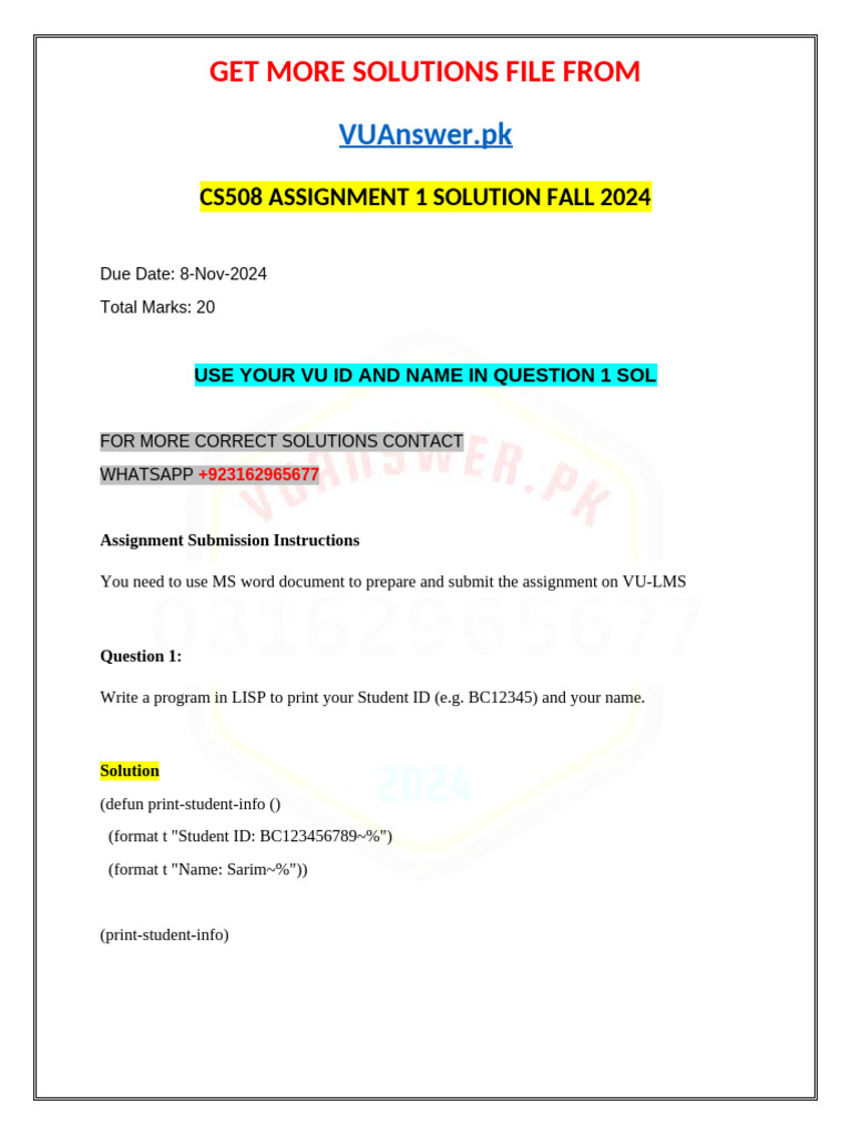 CS508 Assignment 1 Solution Fall 2024 | PDF