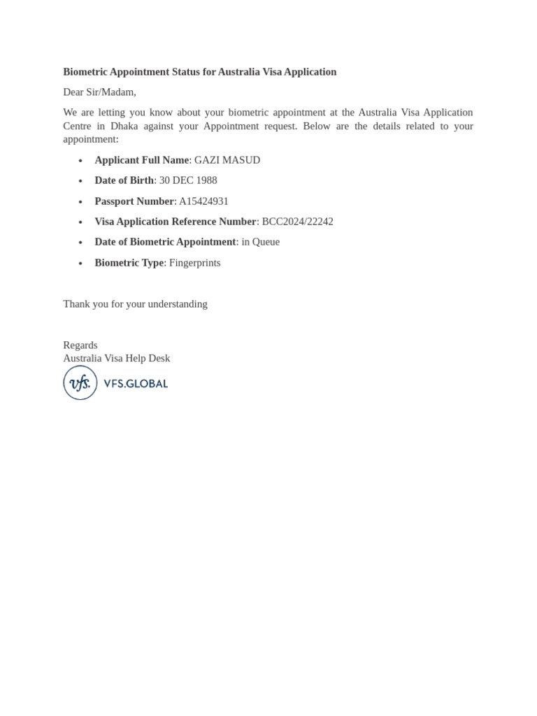 Biometric Appointment Status For Australia Visa Application | PDF