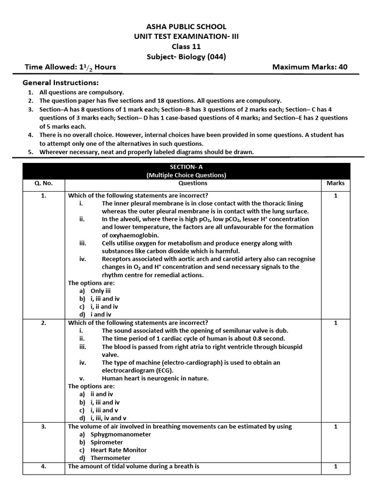 Biology UT-III Paper 2023 Class XI | PDF | Blood Type | Medical Specialties
