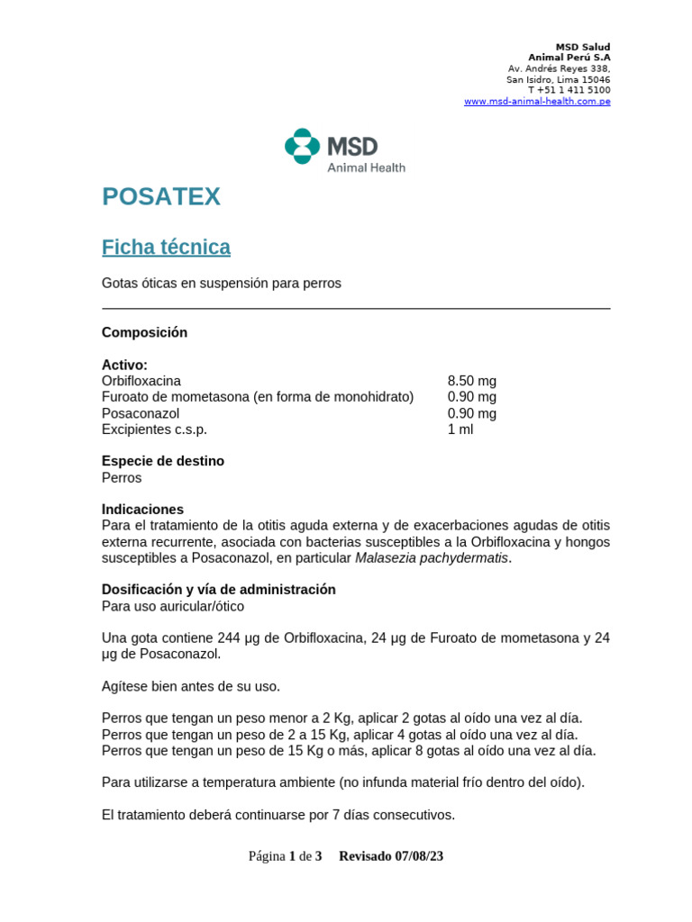 Posatex Ficha Tecnica | PDF | Oído | Especialidades Medicas