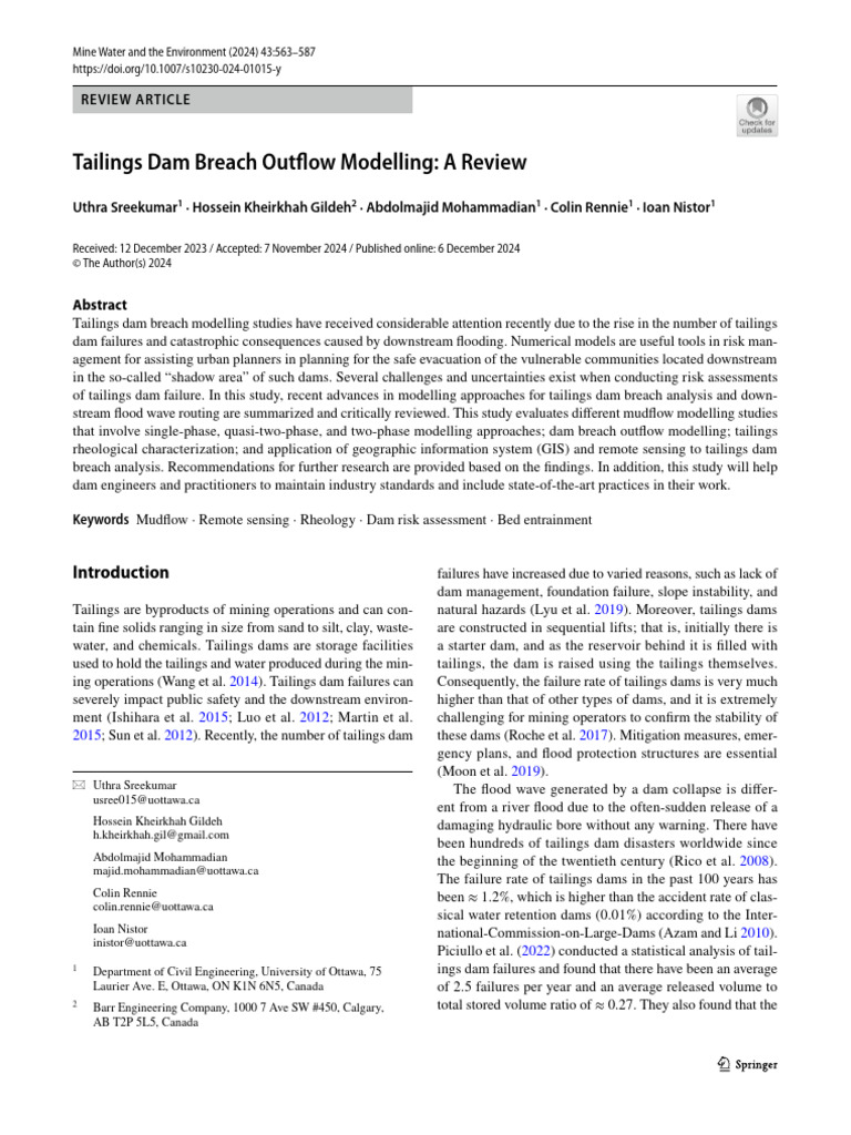 Tailings Dam Breach Outflow Modelling A Review | PDF | Viscosity | Dam