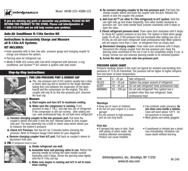 Auto Air Conditioner R-134a Service Kit_Instructions | PDF | Air ...
