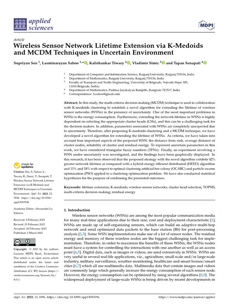 2023 Wireless Sensor Network Lifetime Extension Via K-Medoids and MCDM Techniques in Uncertain ...