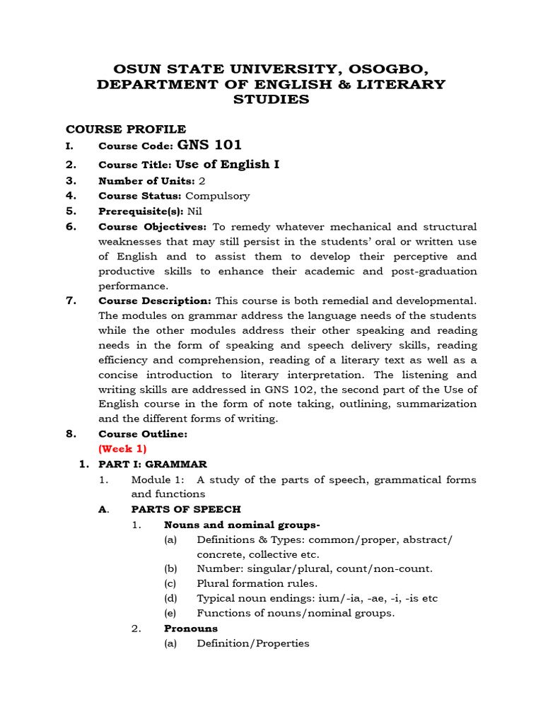 GNS 101-Use of English I-B-Course Profile 2019-1 | PDF | Word | English Language