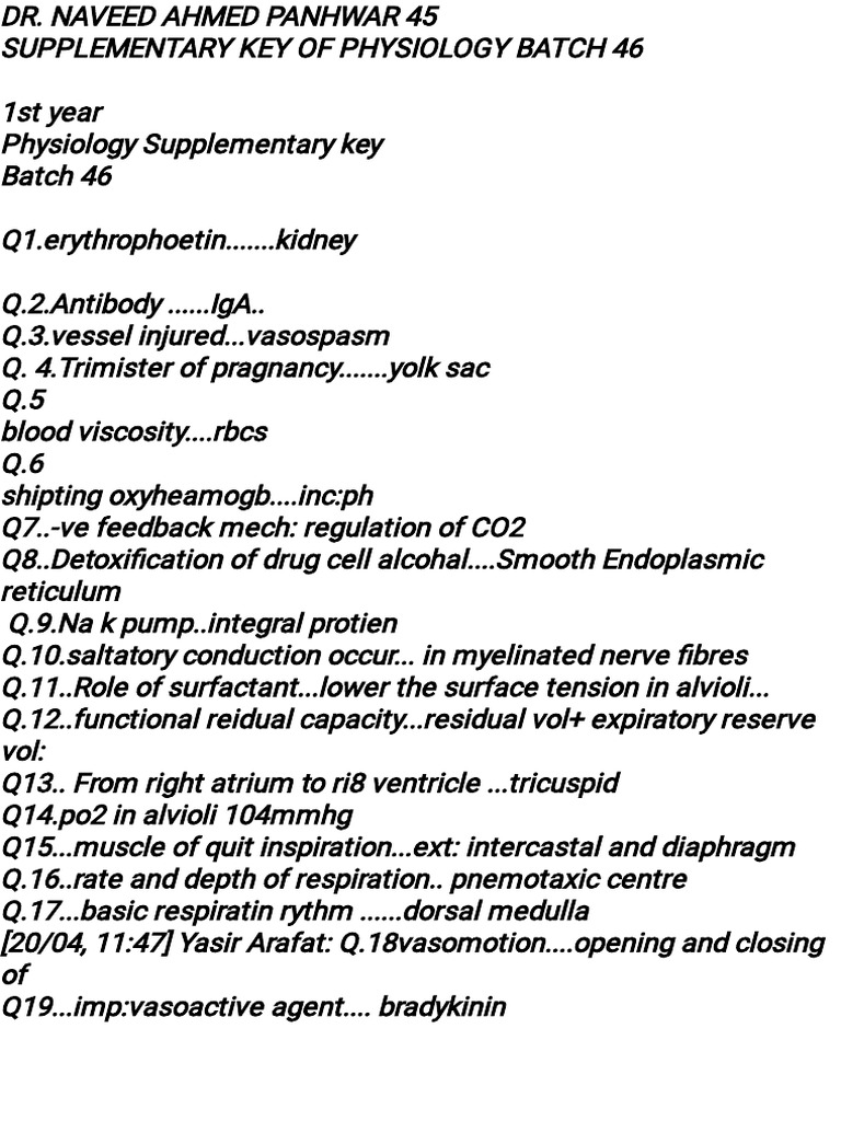 1st Year Physio Key | PDF