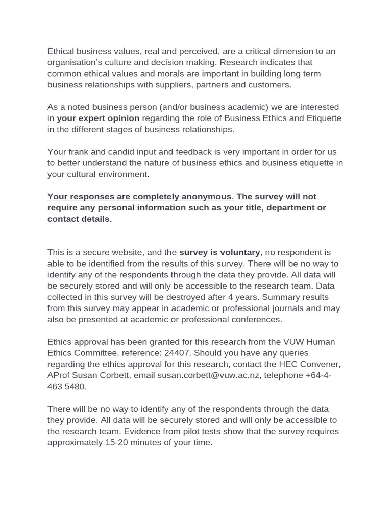 Business Ethics and Etiquette Survey | PDF | Etiquette | Business Ethics