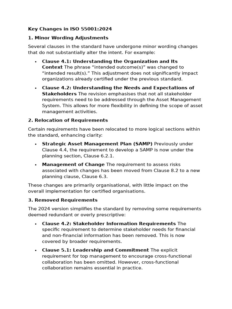 Key Changes in ISO 55001:2024 Clauses | PDF