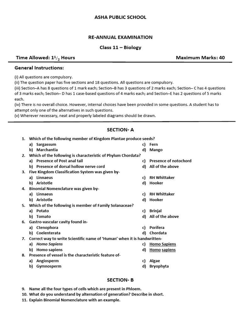Biology Re-Exam Paper 2023 Class XI (40 Marks) | PDF | Virus | Dna