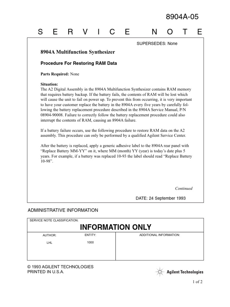 HP 8904A Service Notes 2 Restoring RAM Data 8904A-05 | PDF | Computing ...