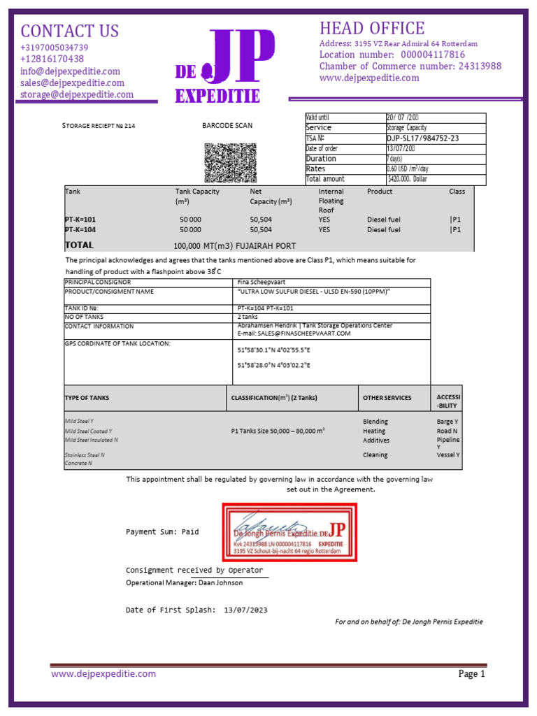 De JP Expet Tank Storage Receipt En590 Rotterdam | PDF | Fuels