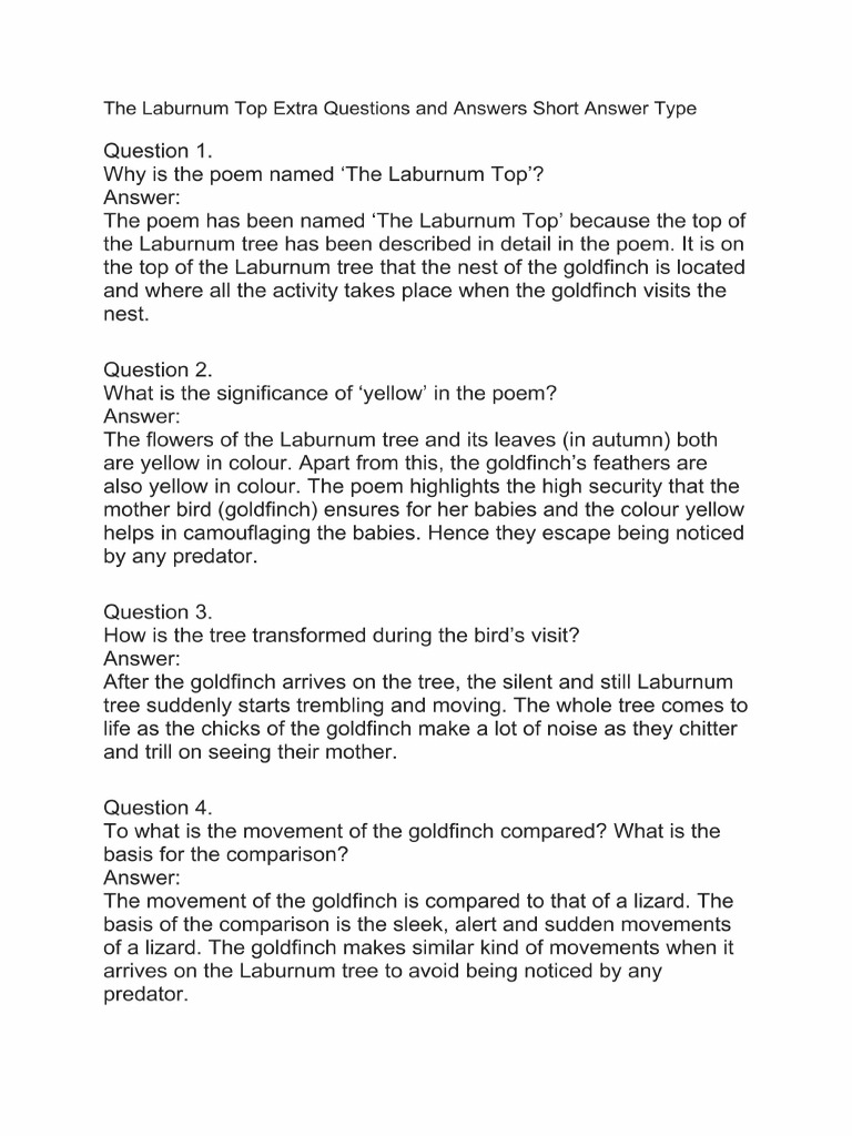 The Laburnum Top Extra Questions and Answers Short Answer Type | PDF