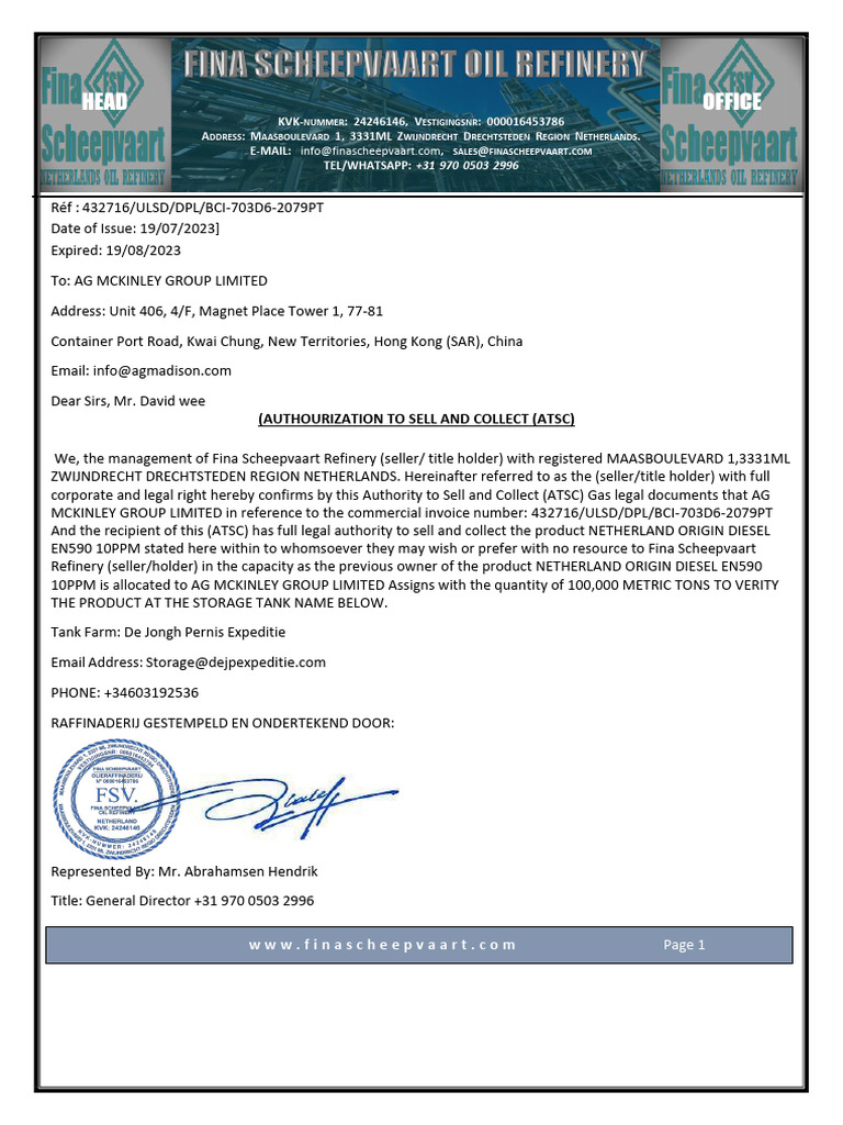 Fina Refinery Athourization To Sell and Collect (Atsc) | PDF