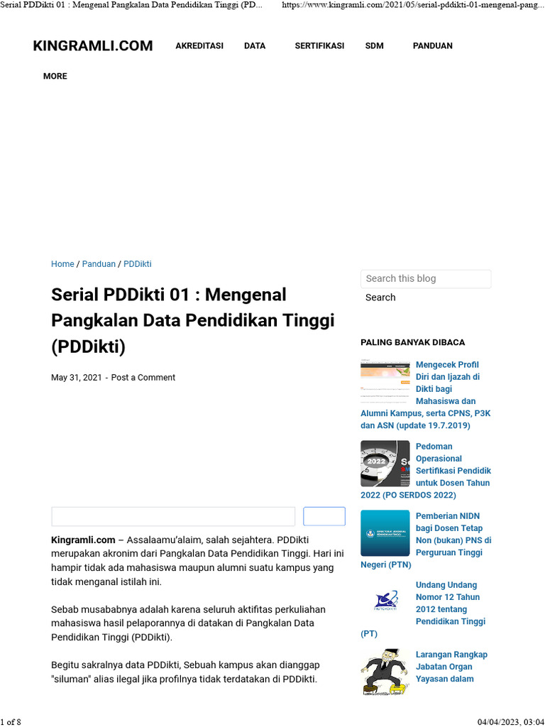 Serial PDDikti 01 Mengenal Pangkalan Data Pendidikan Tinggi (PDDikti) | PDF