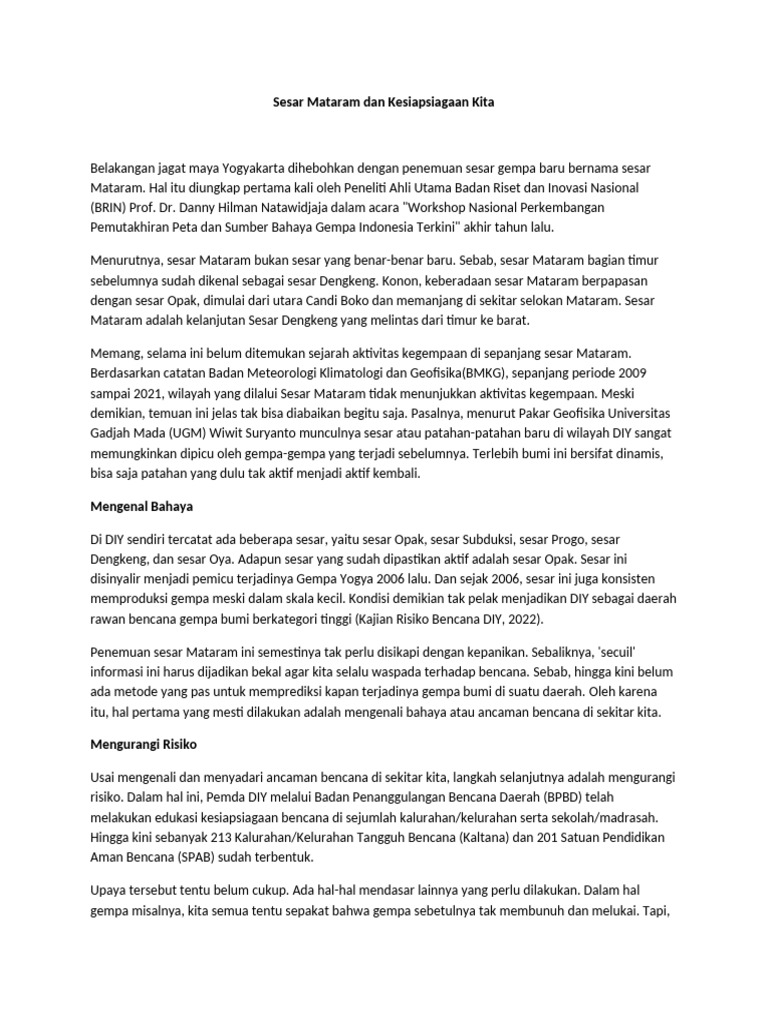 Sesar Mataram Dan Kesiapsiagaan Kita | PDF
