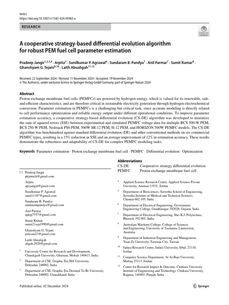 A Cooperative Strategy Based Differential Evolution Algorithm For Robust PEM Fuel Cell Parameter ...