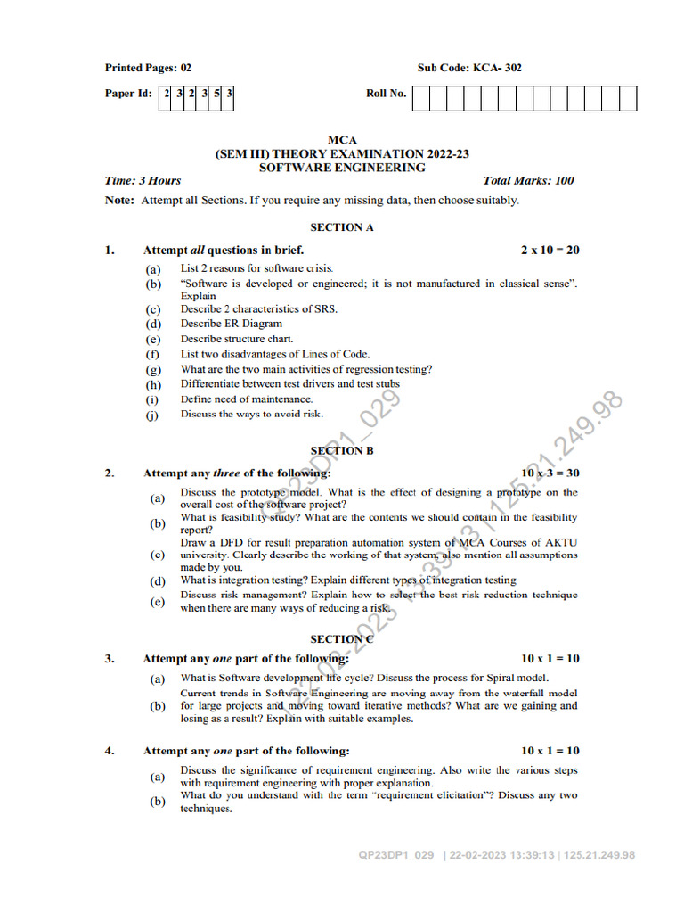 Mca 3 Sem Software Engineering Kca 302 2023 | PDF