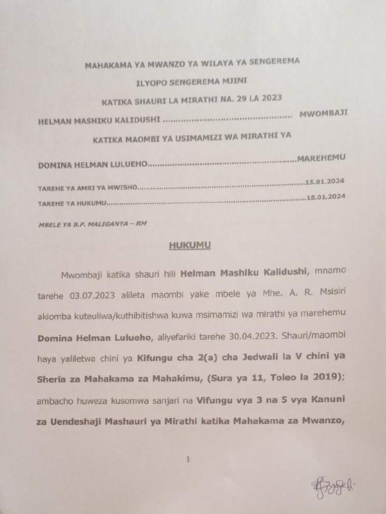 Hukumu Mirathi Na. 29 Ya 2023 Sengerema Mjini Januari | PDF
