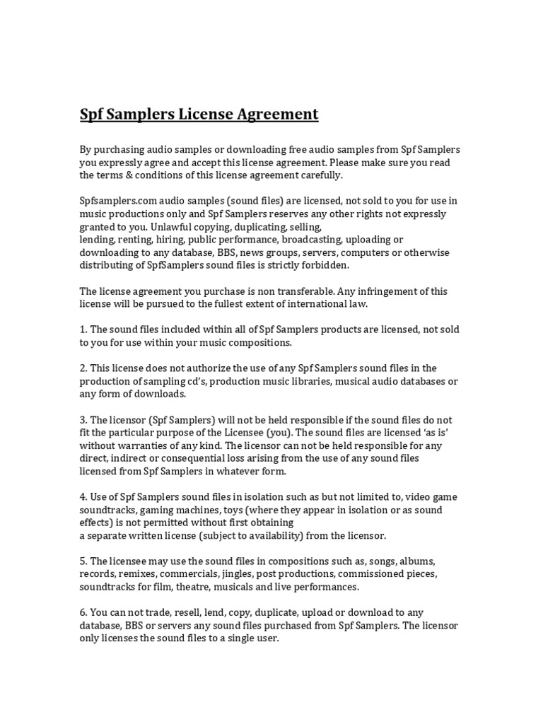 Spf Samplers License Agreement | PDF | License | Download