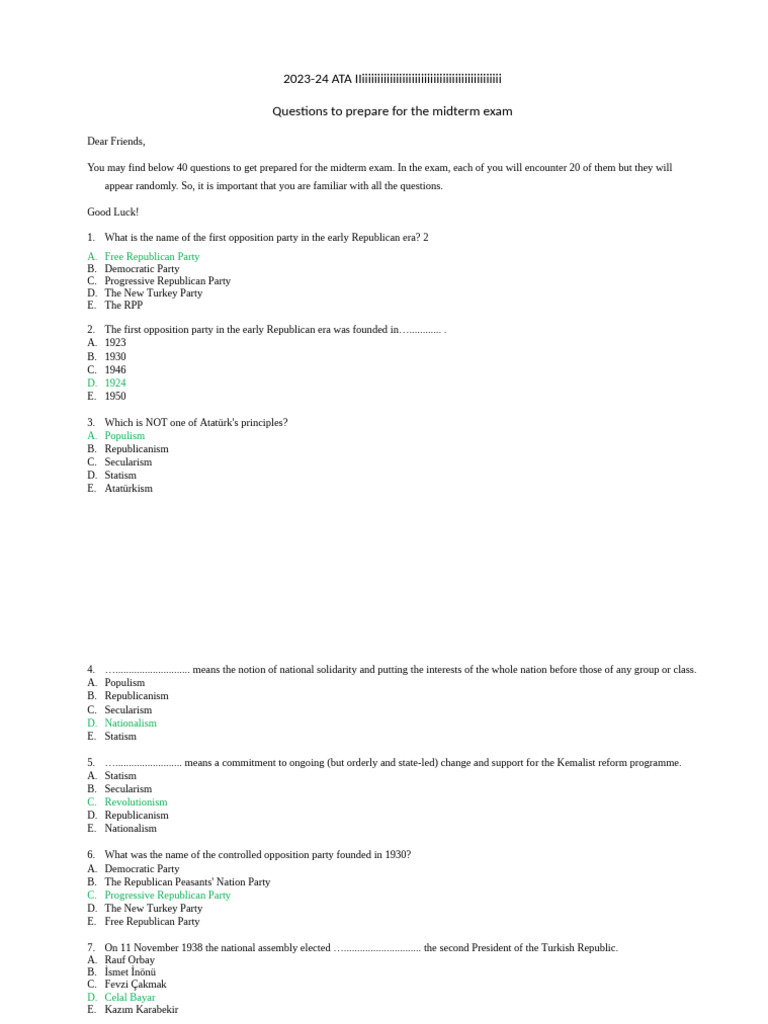 2023-24 ATA II Spring Midterm Exam Preparation Questions | PDF | Turkey | Politics Of Turkey