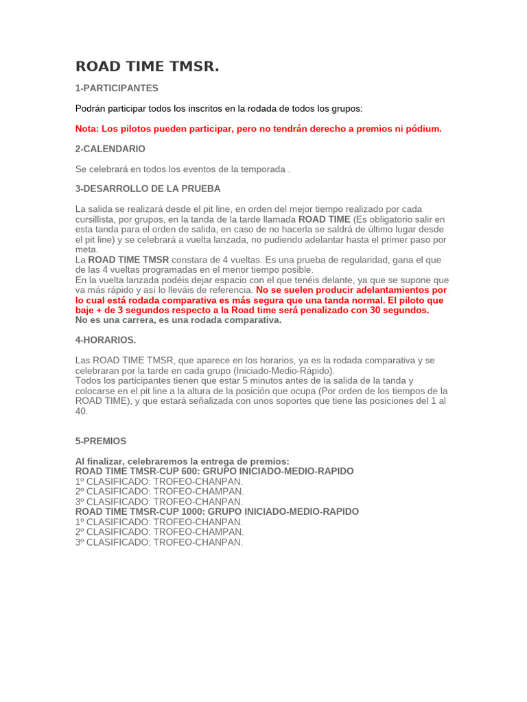 Road Time TMSR: Reglas y Premios | PDF