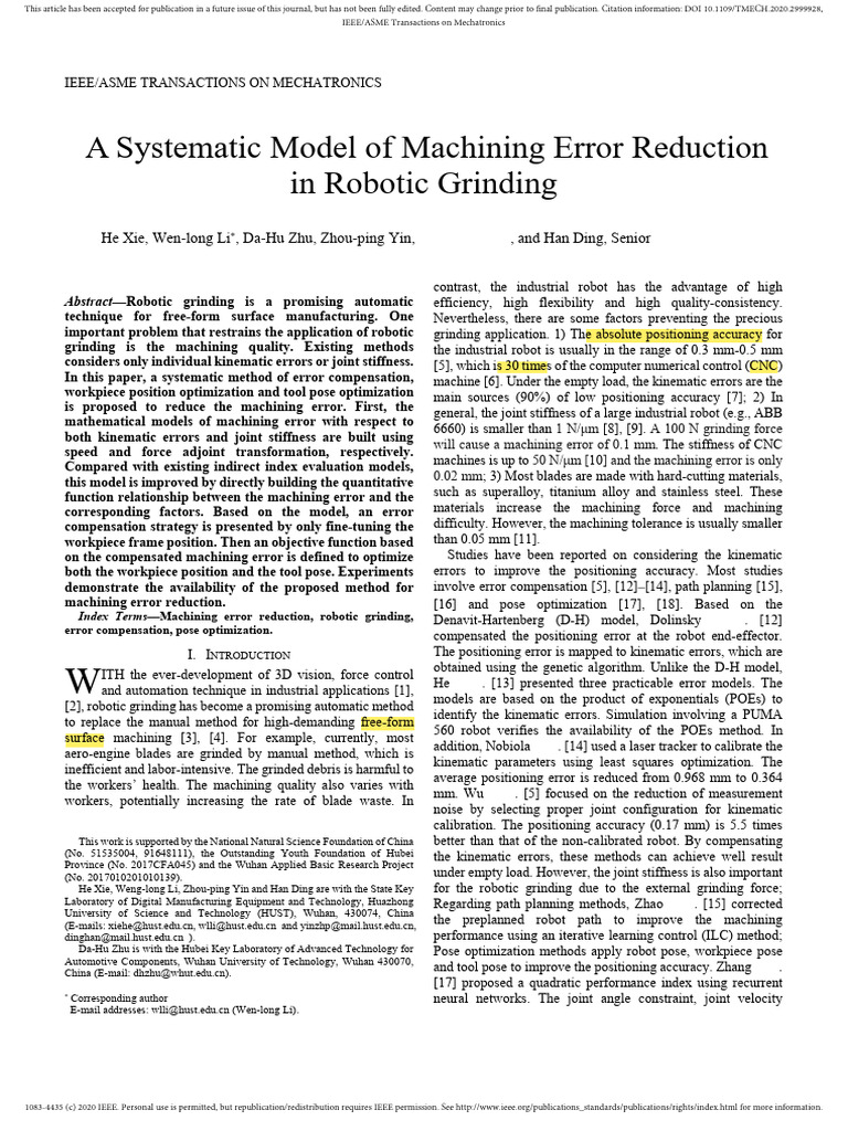 Machining Error Reduction in Robotic Grinding | PDF | Grinding ...