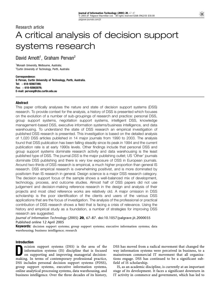2 (Arnott, D. Pervan, G. 2005) A Critical Analysis of Decision Support Research | PDF | Decision ...