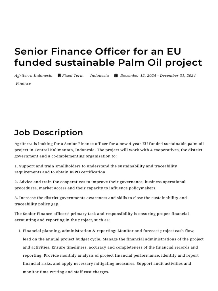 Senior Finance Officer For An EU Funded Sustainable Palm Oil Project ...