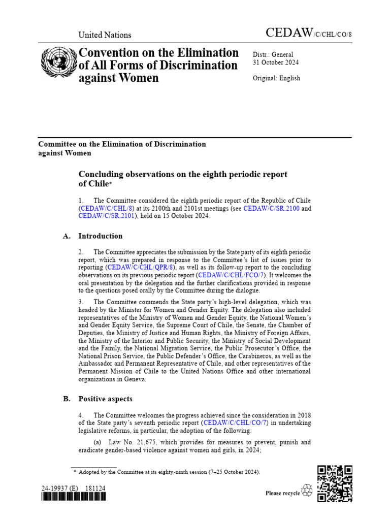 CEDAW - Concluding Observations On The Eighth Periodic Report of Chile | PDF | Human Trafficking ...