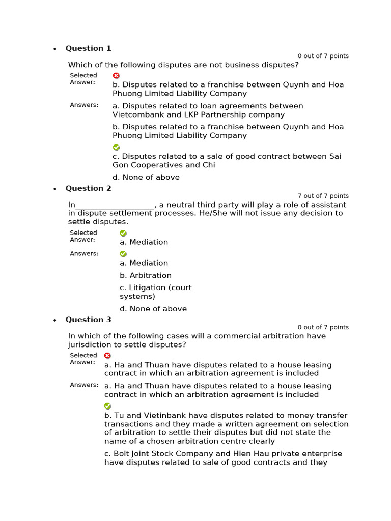 Business Dispute Resolution Quiz | PDF | Judgment (Law) | Appeal