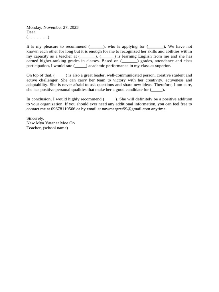 Recommendation Letter for Student | PDF